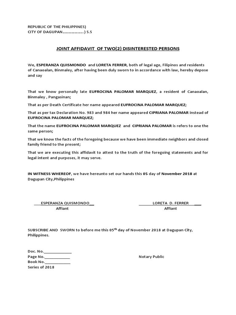 Joint Affidavit of Two (2) Disinterested Persons: Eufrocina Palomar ...