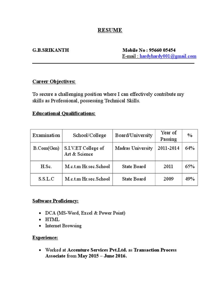 Resume For Srikanth New 2016 | PDF