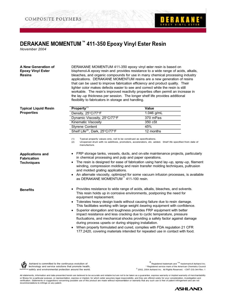 Derakane Momentum 411-350 | PDF | Epoxy | Pascal (Unit)