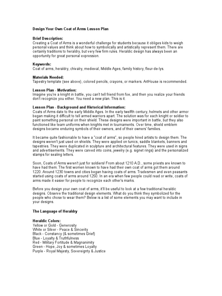 Design Your Own Coat of Arms Lesson Plan | PDF | Heraldry | Symbols