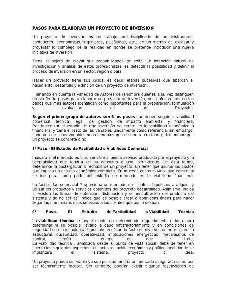 Pasos para Elaborar Un Proyecto de Inversion | Descargar gratis PDF ...