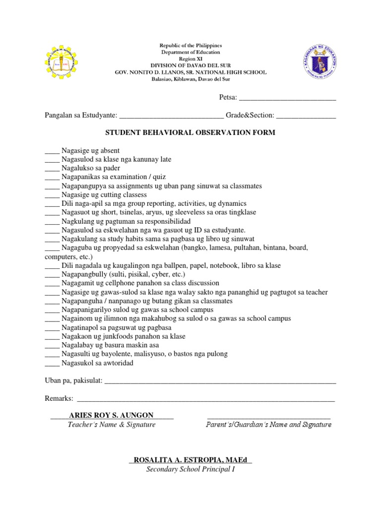 Student Behavioral Observation Form: Teacher's Name & Signature Parent ...
