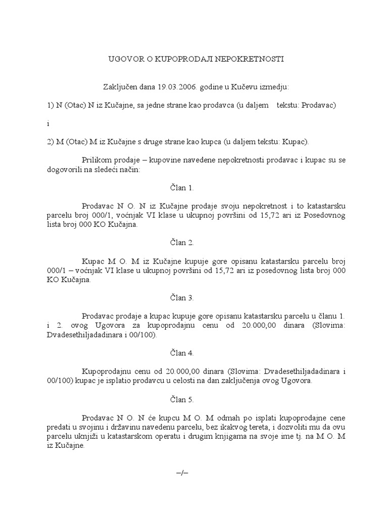 Ugovor o Kupoprodaji Nepokretnosti | PDF