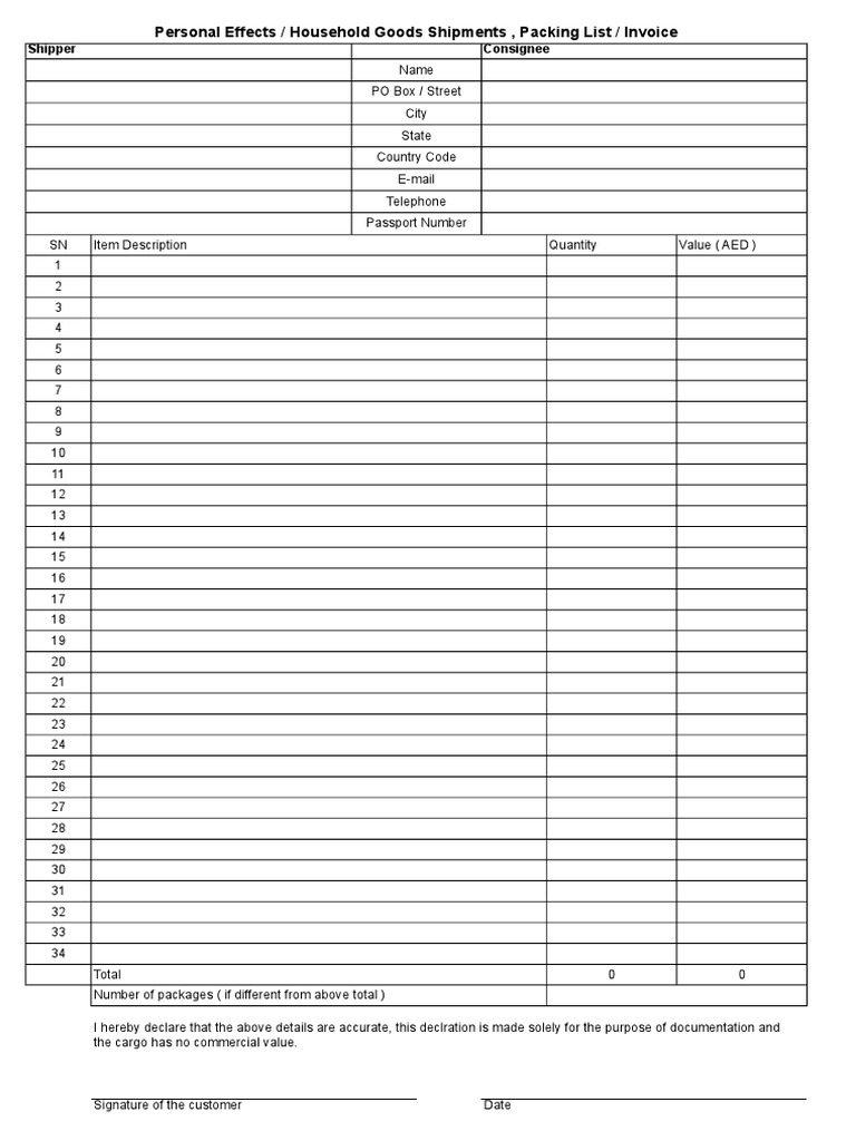 Personal Effects Shipment Form | PDF