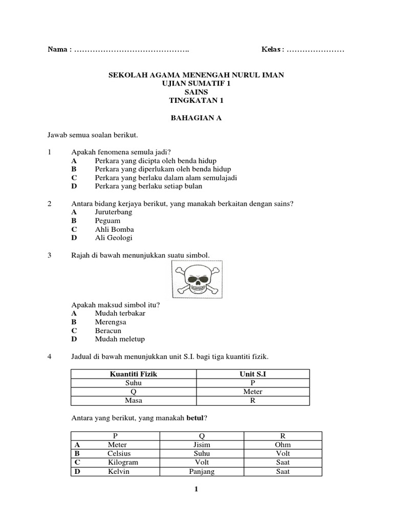 Soalan Sains Form 1 | PDF