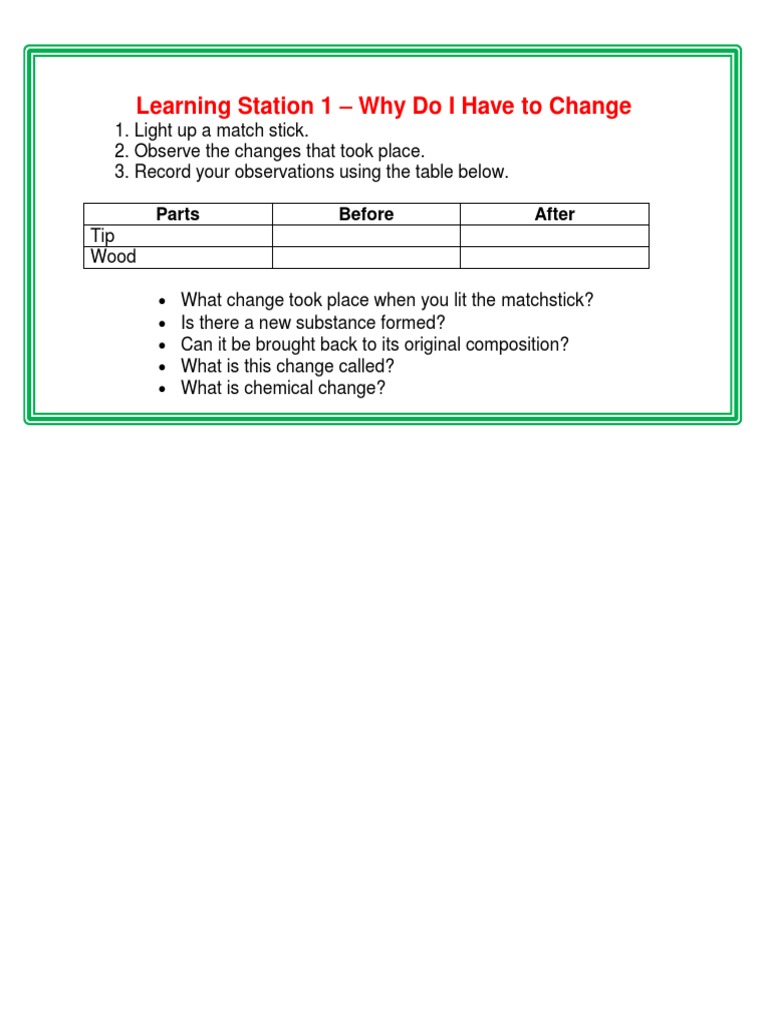 Chemical Change Activity Sheet | PDF