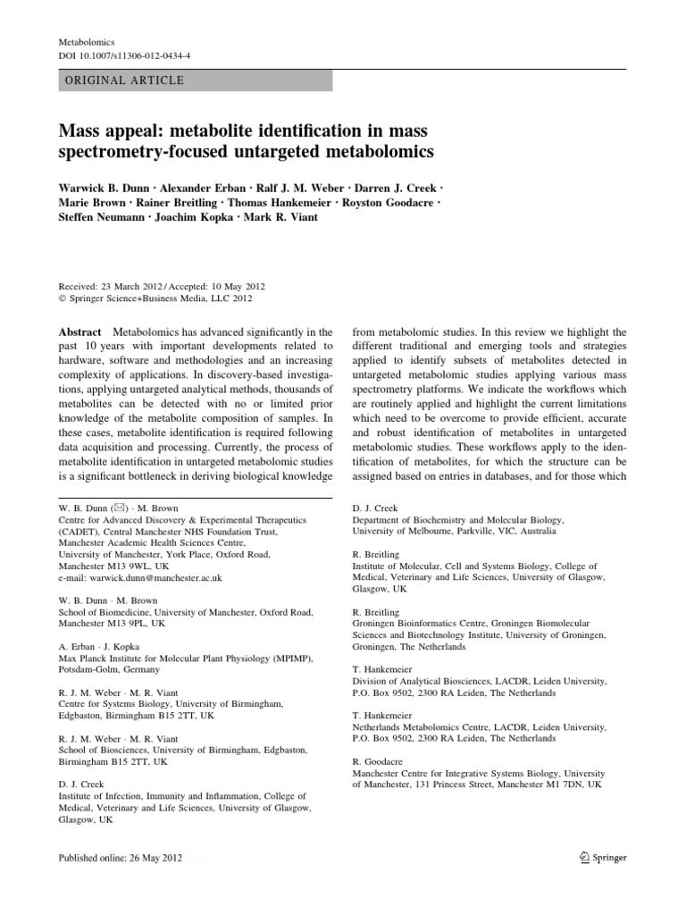 Metabolic Identification Untargeted-Metabolomics Metabolomics 2012 ...