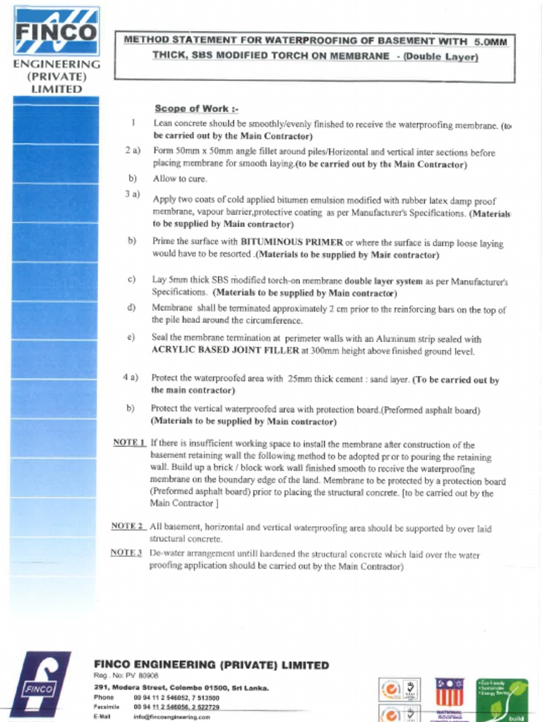 Method Statement For Waterproofing Basement | PDF
