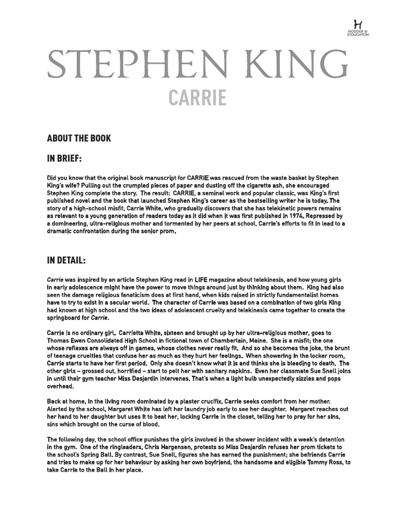 CARRIE Reading Guide PDF | Download Free PDF | Stephen King | Books
