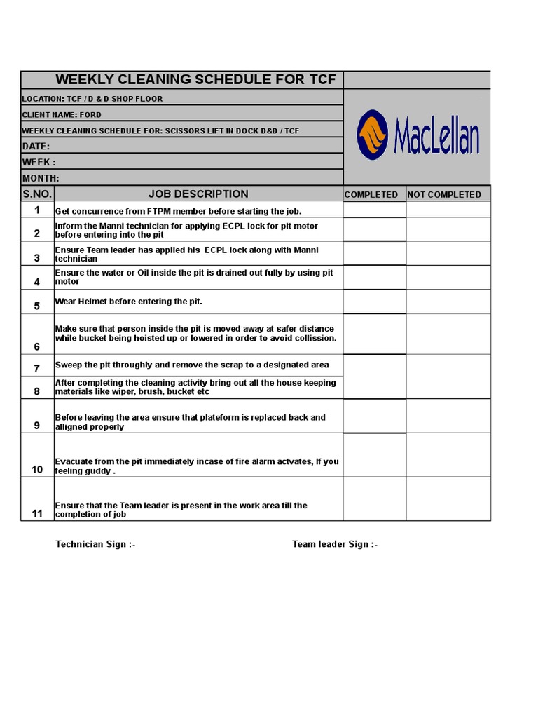 Sample Weekly Cleaning Schedule For Shop Floor | PDF | Nature