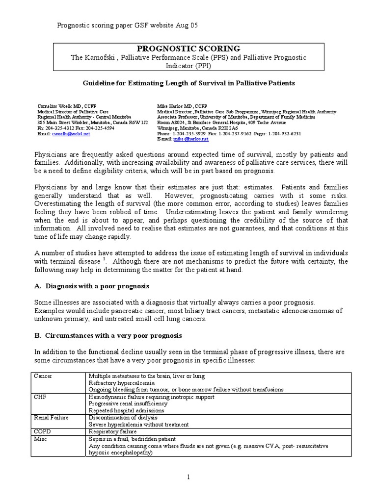 Prognostic Scoring: Guideline For Estimating Length of Survival in ...
