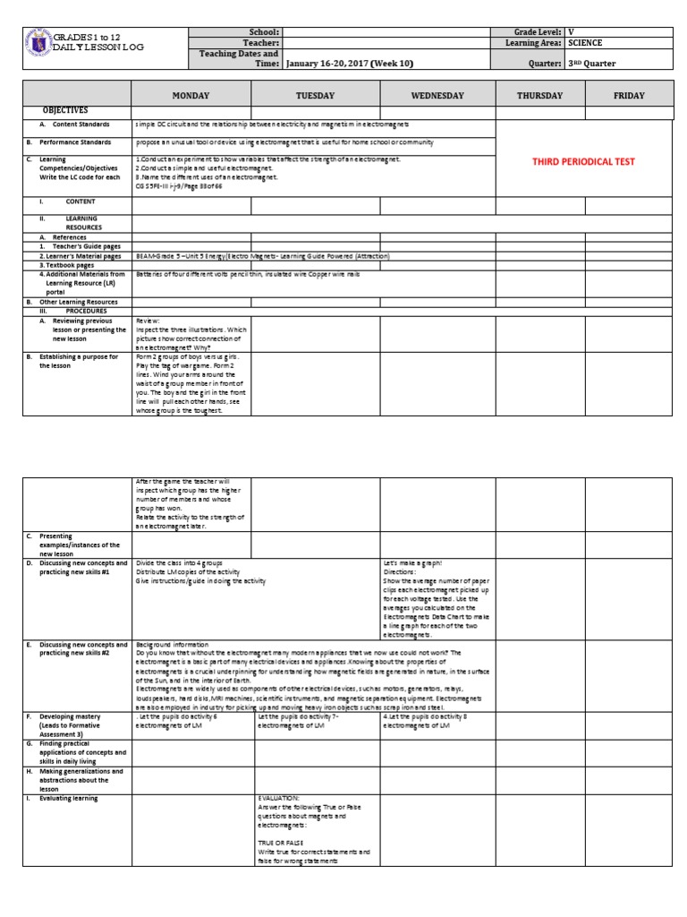 Grade 5 DLL SCIENCE 5 Q3 Week 10 | PDF | Magnetic Field | Magnet