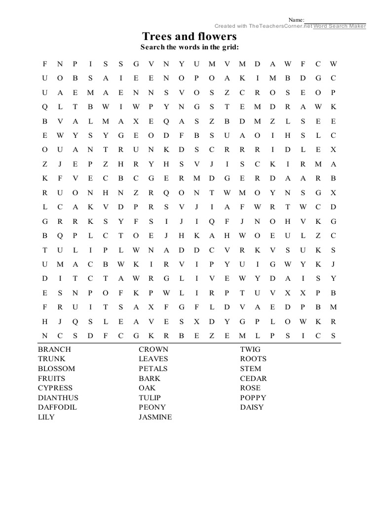 Wordsearch Trees and Flowers | PDF | Word Search | Garden Plants