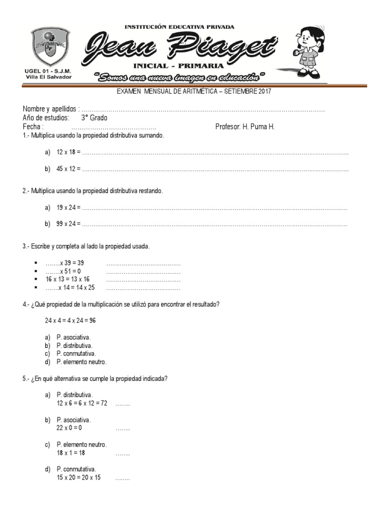 Examen Mensual de Aritmética 3 2017 | PDF | Métodos y materiales de ...
