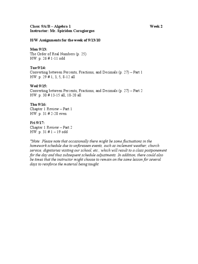 Algebra 1 Week 2 Homework Assignments | PDF
