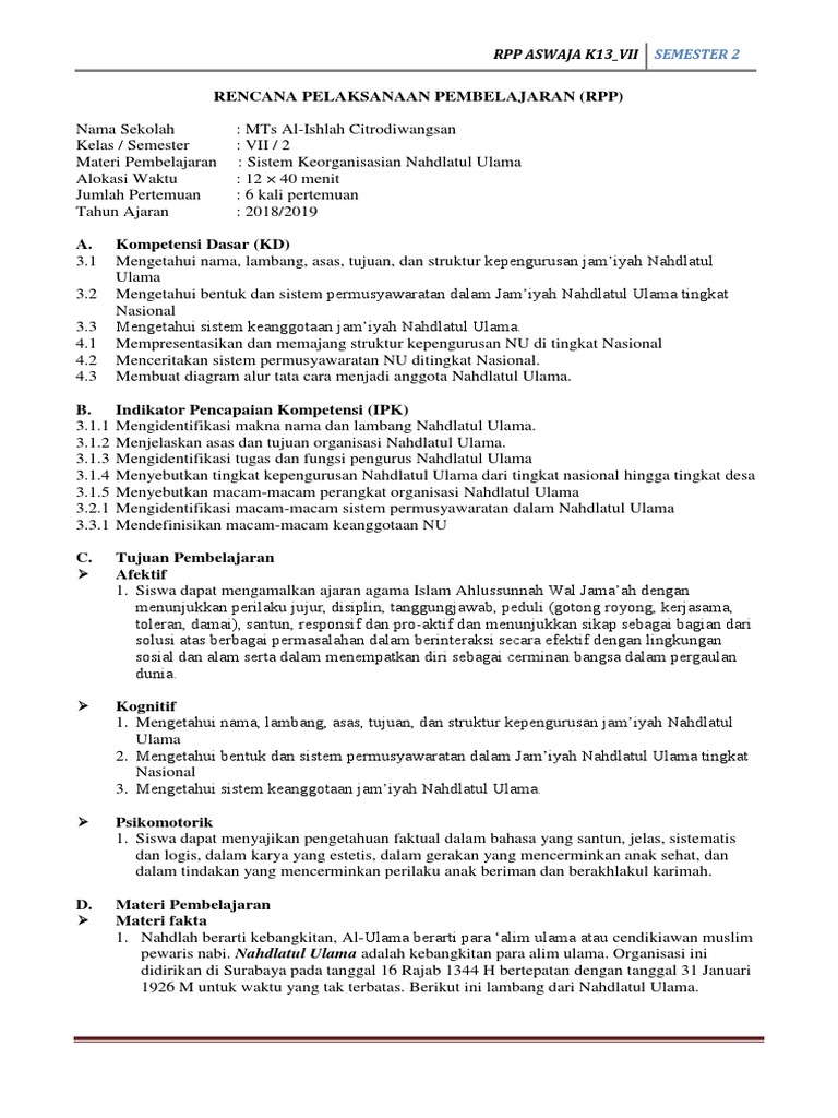 RPP Aswaja Mts Kelas Vii Bab Kepengurusan Nu | PDF