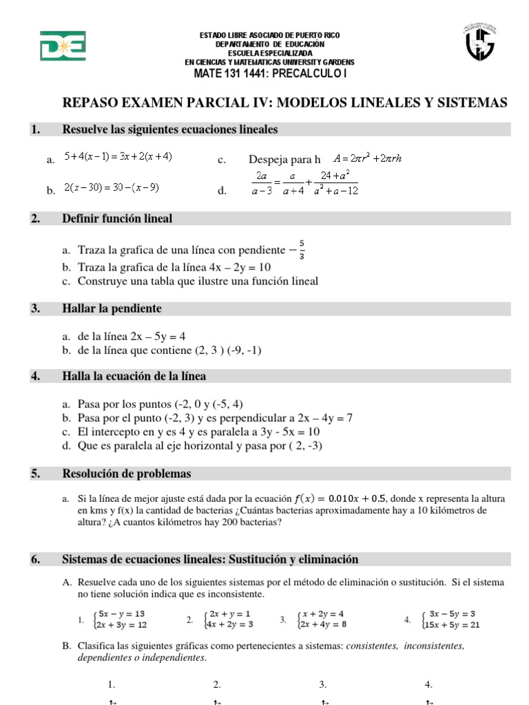 Repaso 131 1441 Examen Iv Sistema De Ecuaciones Lineales Pdf Matriz 8731