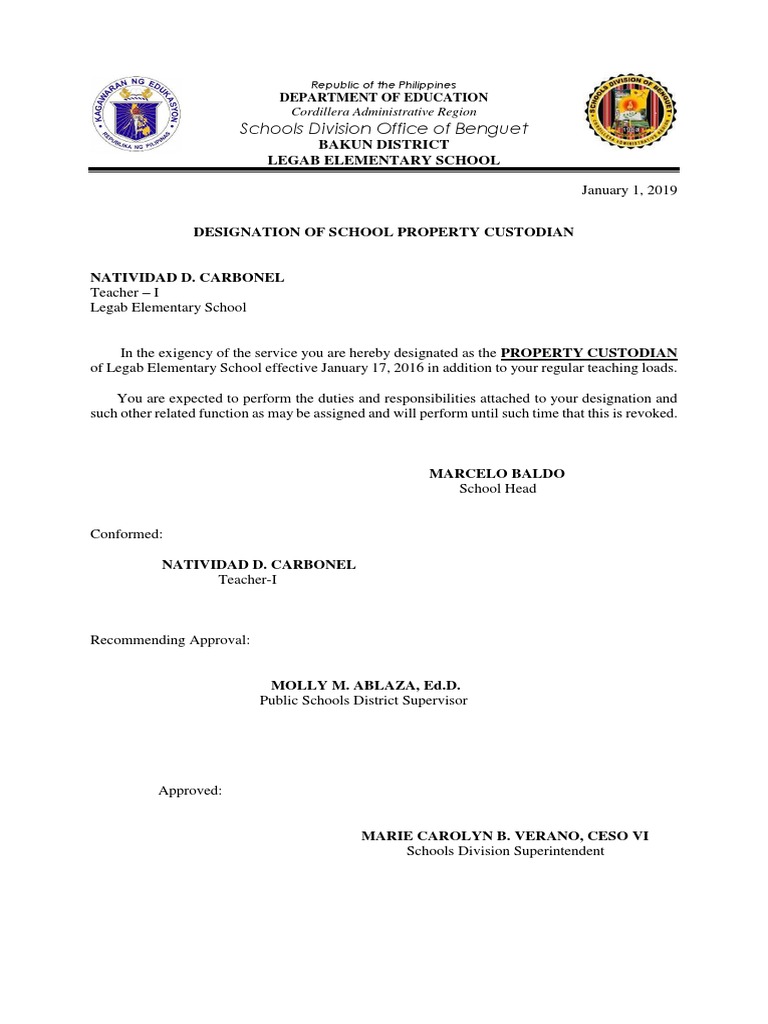 Designation of School Property Custodian | PDF | Regulation | Domestic ...