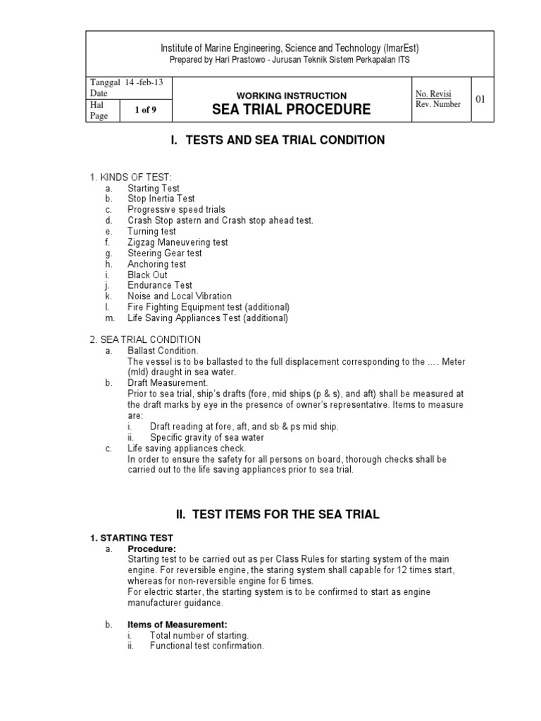 Sea Trial Procedure and Checklist | PDF | Anchor | Decibel