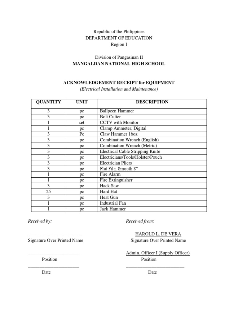 Acknowlegdement Receipt For Equipment | PDF | Electrician | Electrical ...