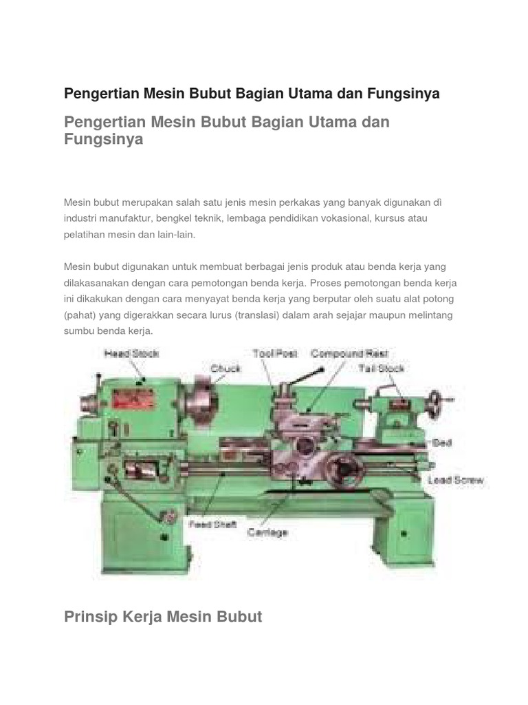 Pengertian Mesin Bubut Bagian Utama Dan Fungsinya | PDF