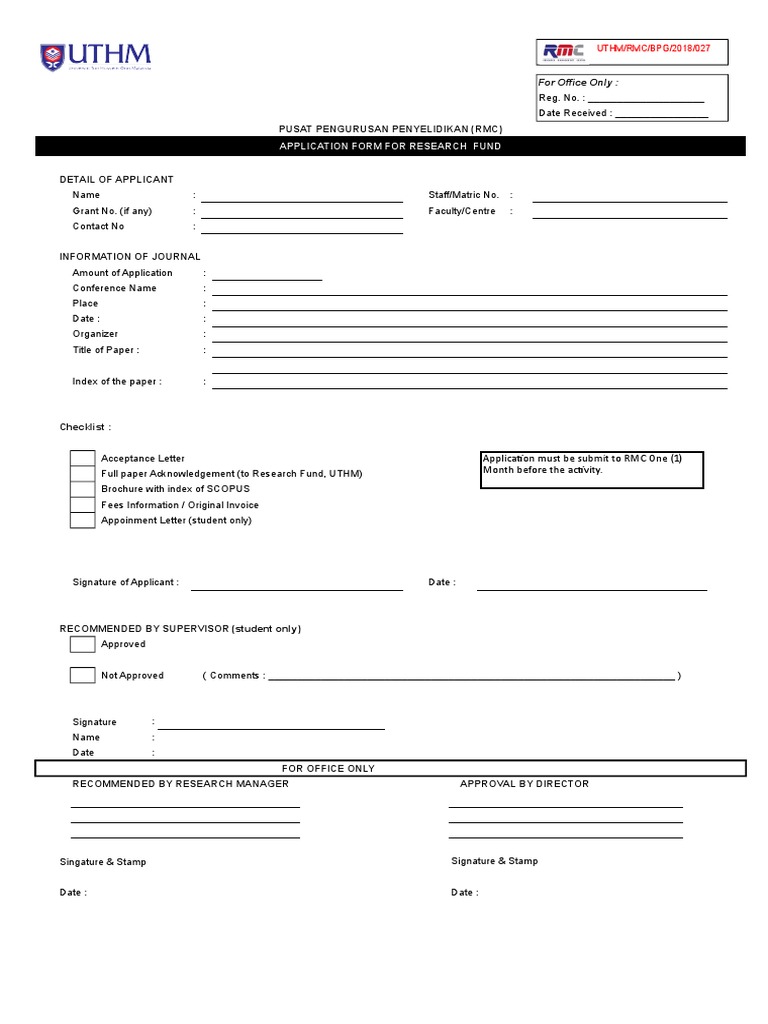 Pusat Pengurusan Penyelidikan (RMC) : Application Form For Research ...