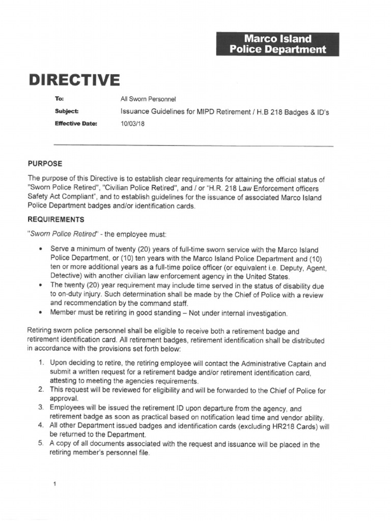 Marco Island Police Memo Outlining Retirement Badge and ID Requirements ...