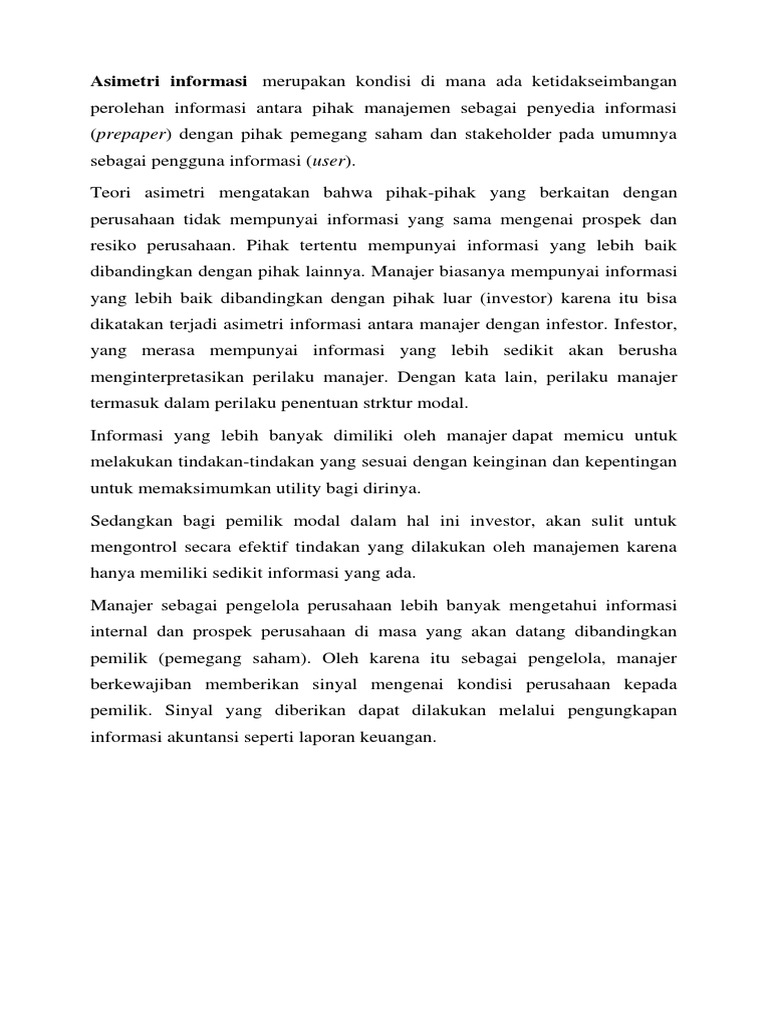 Asimetri Informasi | PDF | Pengelolaan Keuangan & Uang