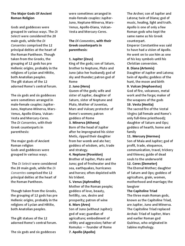 Major Roman Gods and Goddesses | PDF | Deities | Roman Mythology