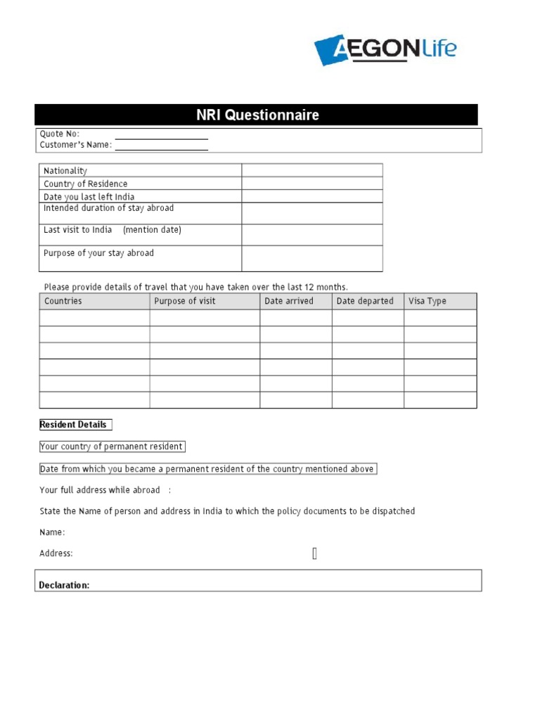 NRI Insurance Questionnaire Form | PDF | Career & Growth | Finance ...