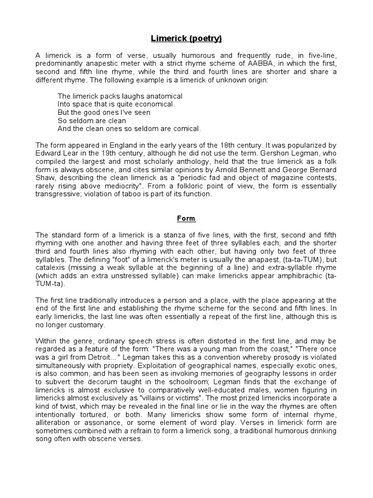 Limerick | PDF | Limerick (Poetry) | Narrative Forms