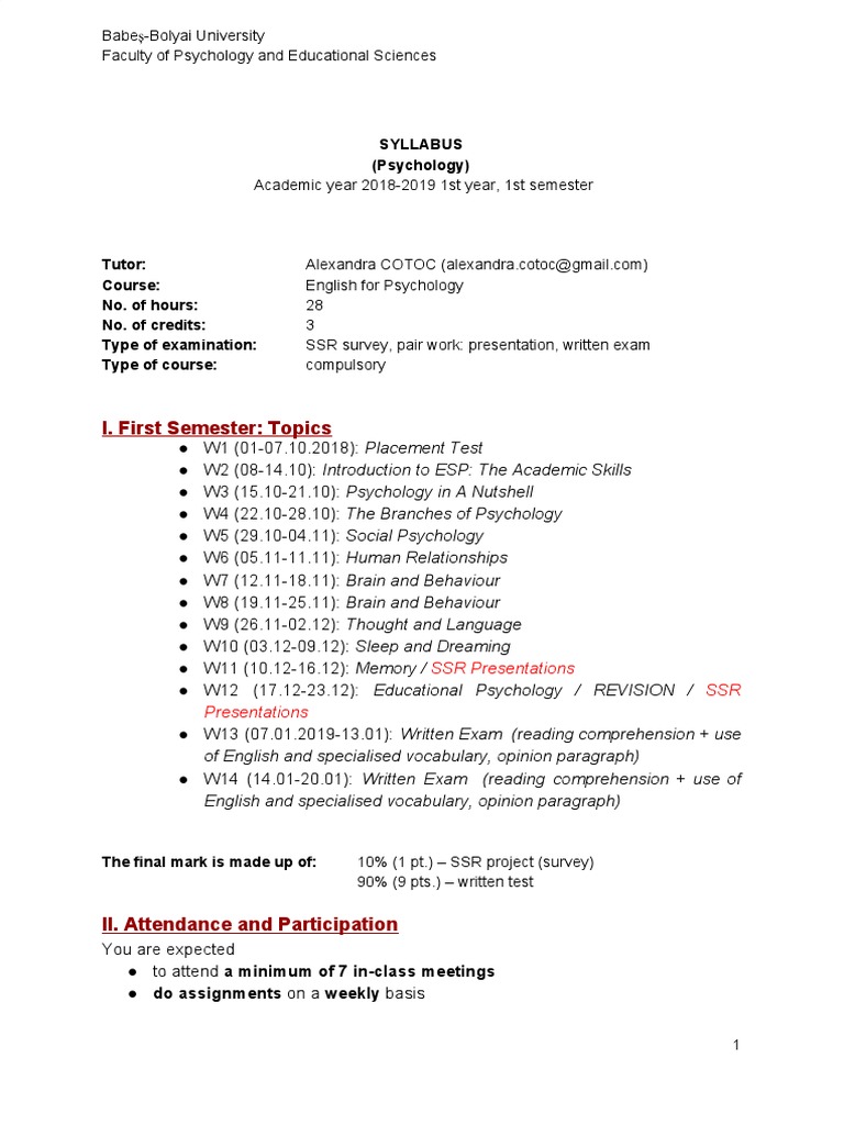 EAP Course Syllabus Psychology S1 2018-2019 | PDF | Reading (Process ...