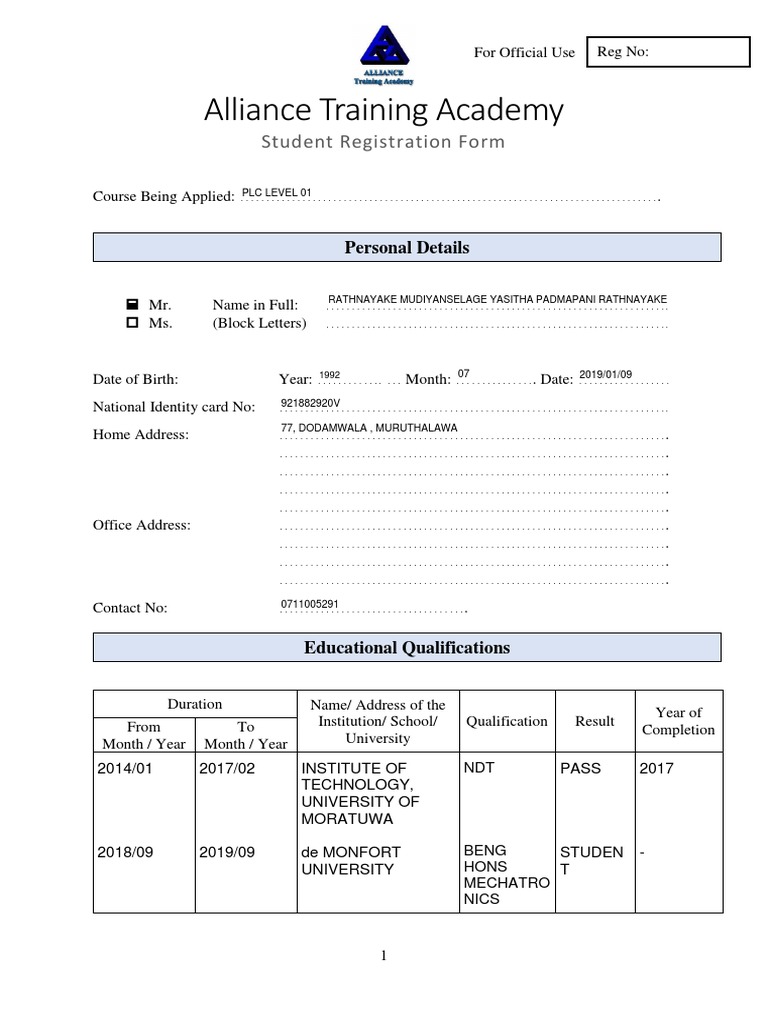 Alliance Training Academy Registration Form | PDF | Government ...