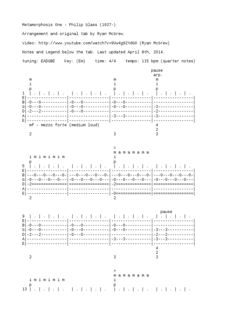 Philip Glass Metamorphosis One Tab | PDF | Guitars | Necked Lutes