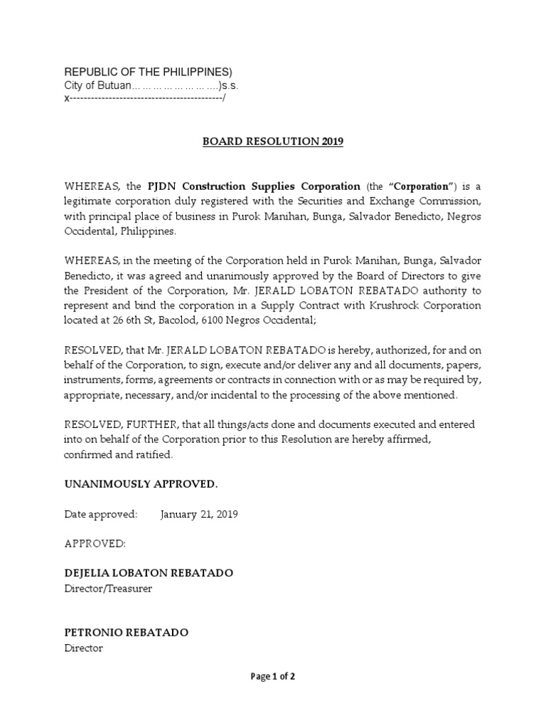 Board Resolution 2019: (The "Corporation") | PDF