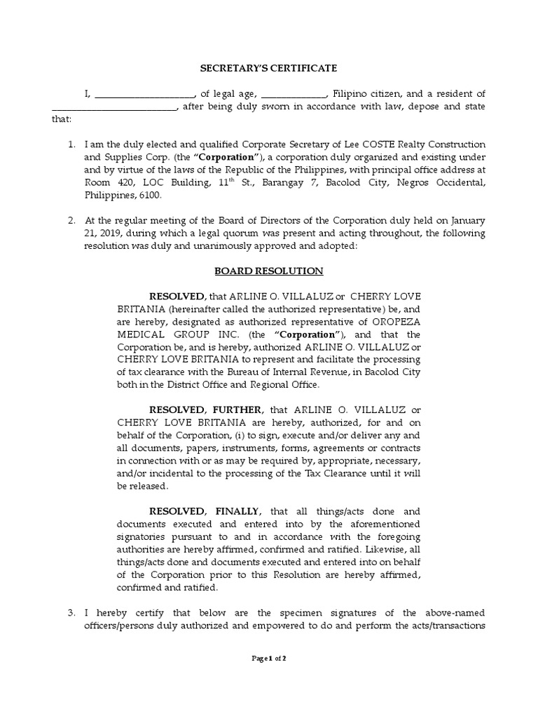 Secretary's Certificate and Board Resolution (Lee COSTE Realty ...