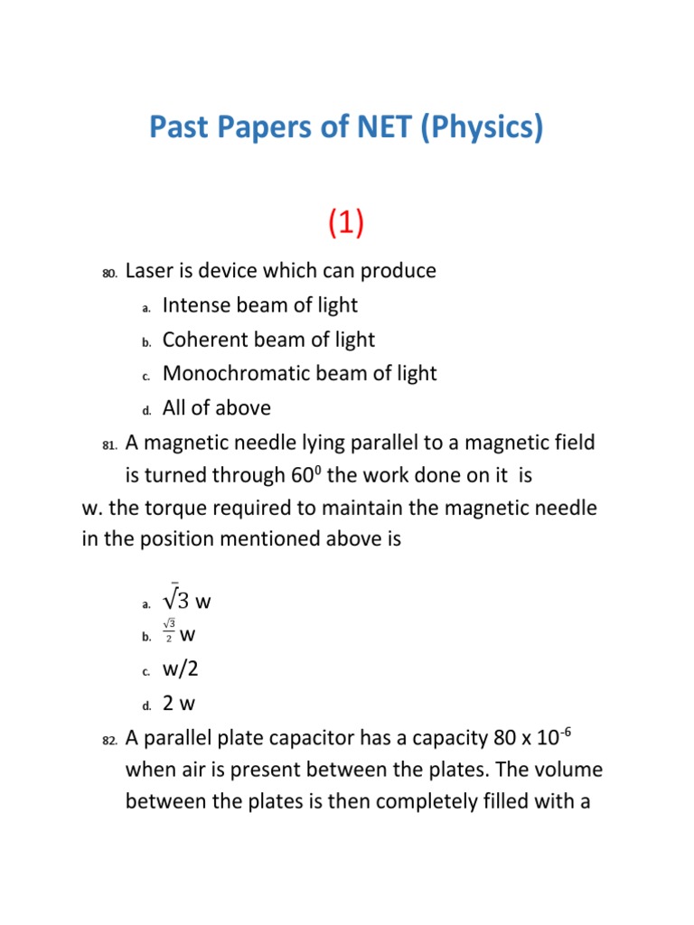 Past Papers of NET Physics 1 | PDF | Rotation Around A Fixed Axis | Torque