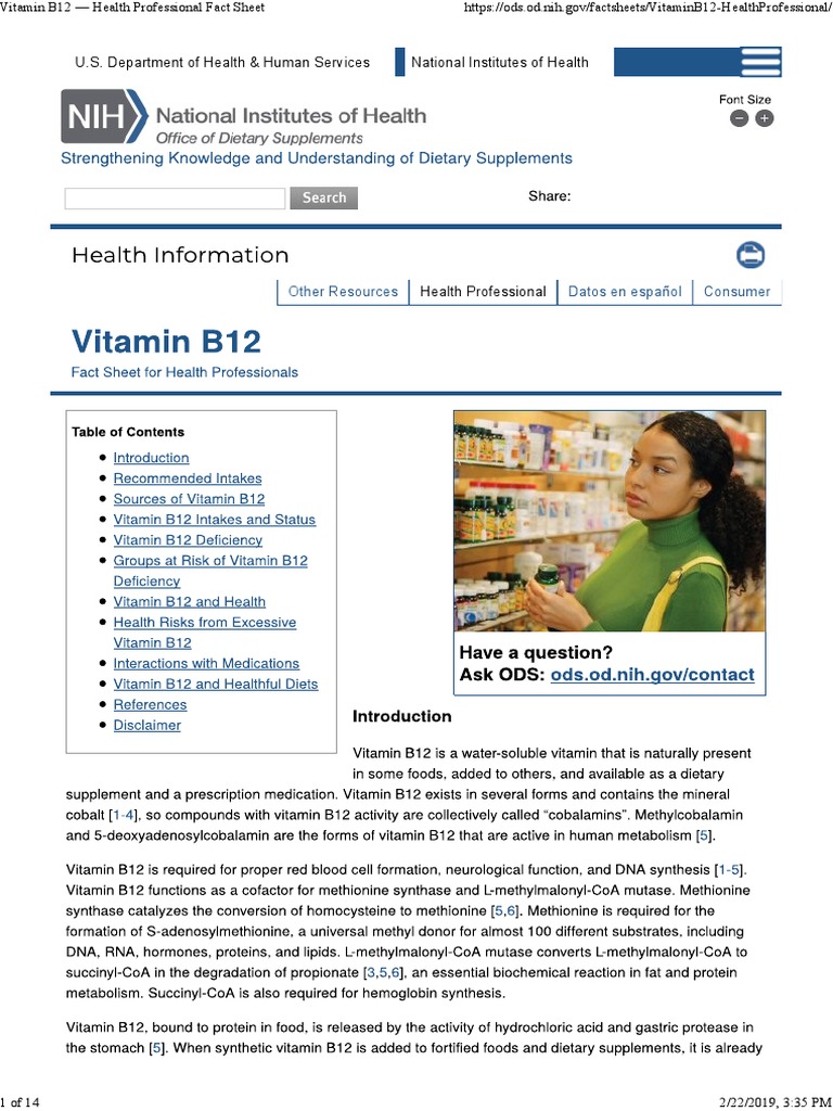 Vitamin B12 Health Fact Sheet | PDF | Vitamin | Nutrition