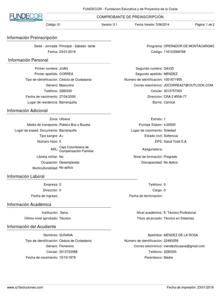 Comprobante Preinscripción Operador Montacargas | PDF
