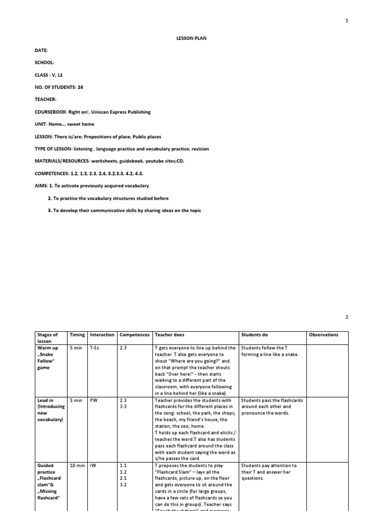 Lesson Plan l1 5th Grade | PDF | Vocabulary | Lesson Plan