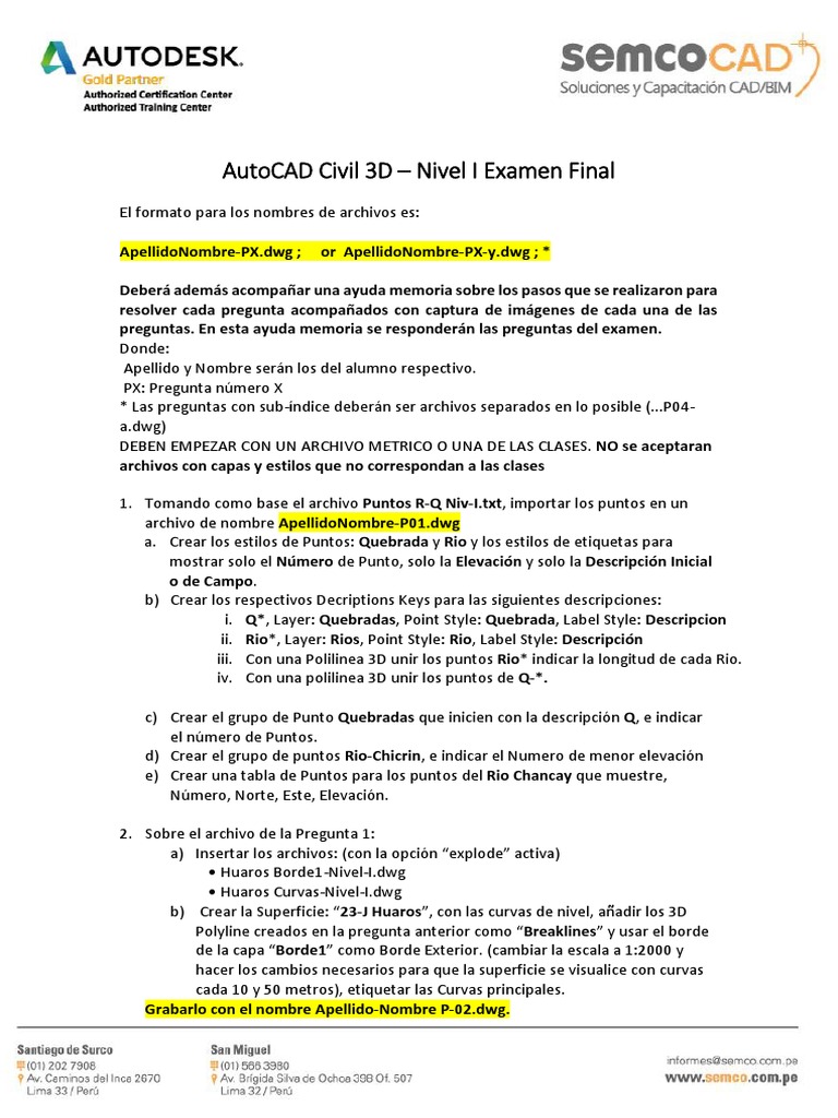 Examen AutoCAD Civil 3D Nivel I | PDF | Enseñanza de matemática