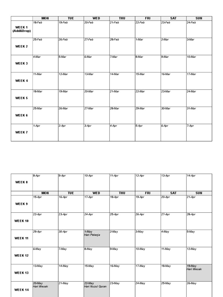 MON TUE WED THU FRI SAT SUN Week 1 (Add&Drop) | PDF