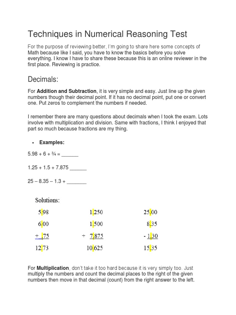 Techniques in Numerical Reasoning Test | PDF | Fraction (Mathematics ...