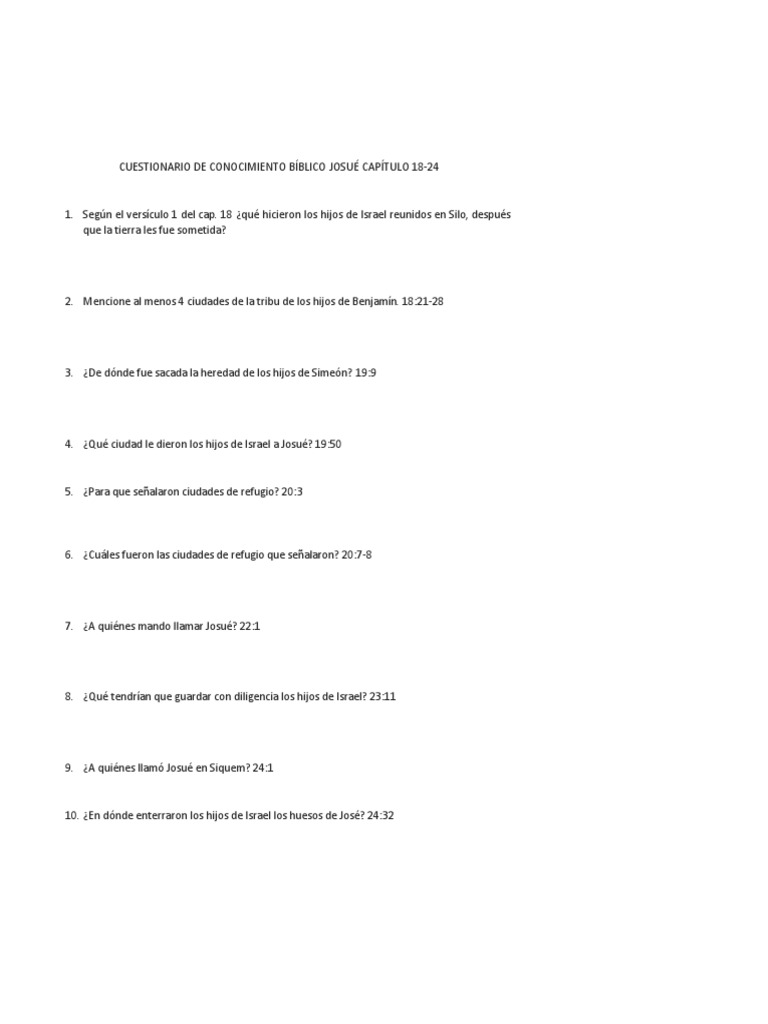 Cuestionario de Conocimiento Bíblico Josué Capítulo 18 | PDF