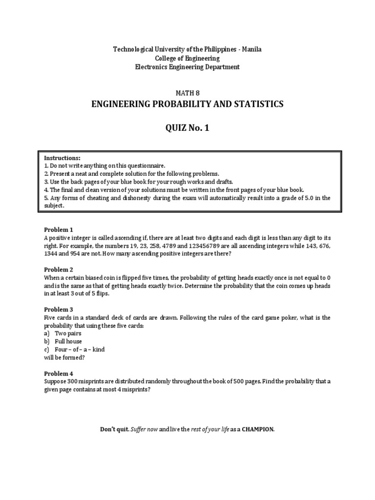 Engineering Probability and Statistics Quiz No. 1 | PDF