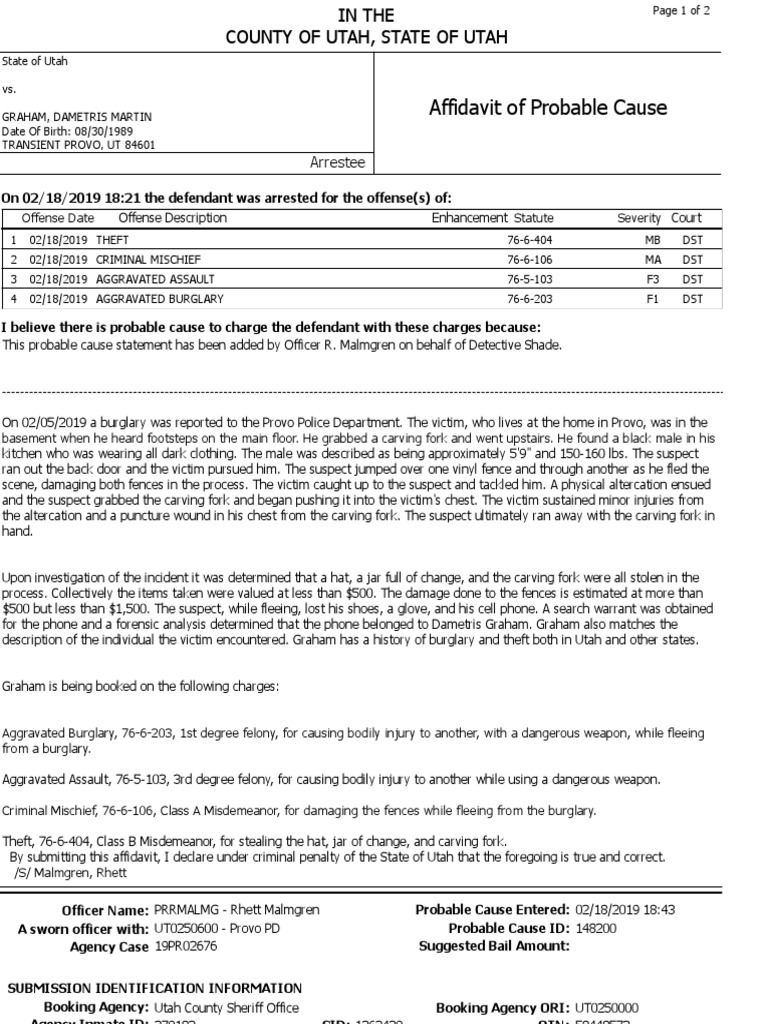 Dametris Graham PC Statement | PDF | Burglary | Theft