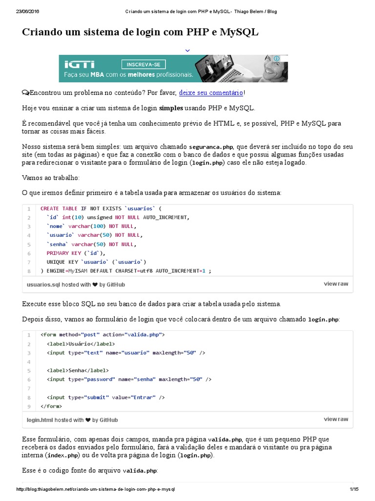 Criando Um Sistema De Login Com Php E Mysql Pdf Php Sql