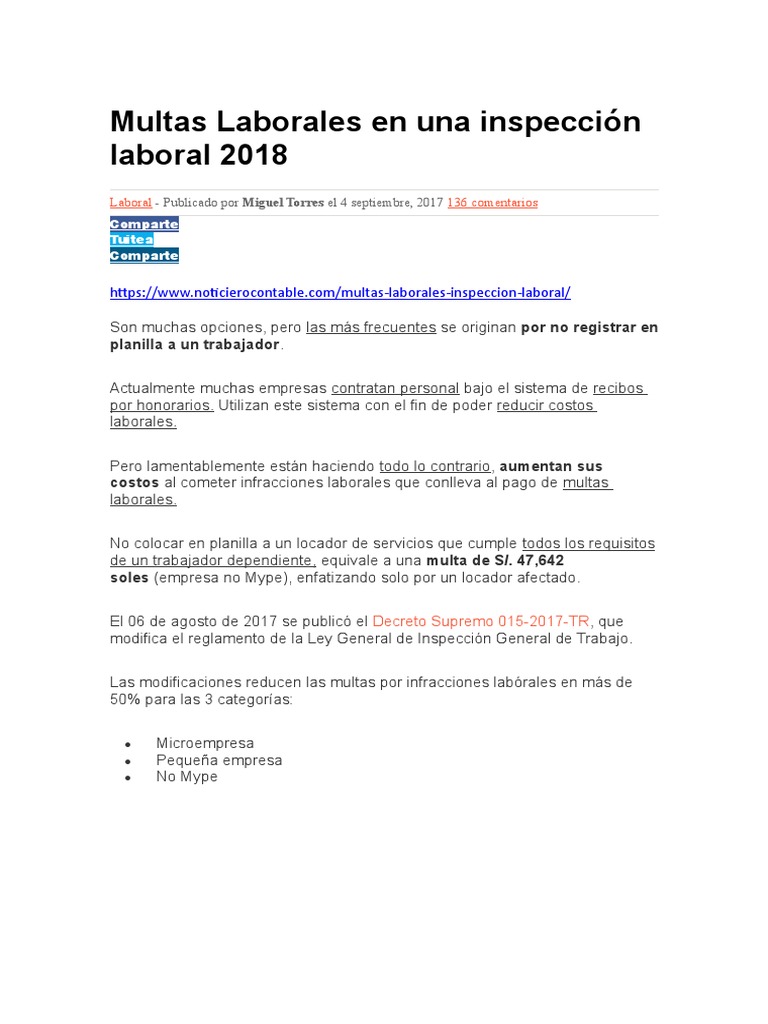 Multas Laborales en Una Inspección Laboral 2018 | PDF | Derecho laboral ...