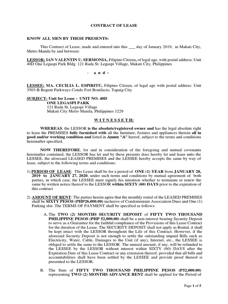Sample Lease Contract for Unit Rental | PDF | Lease | Government ...