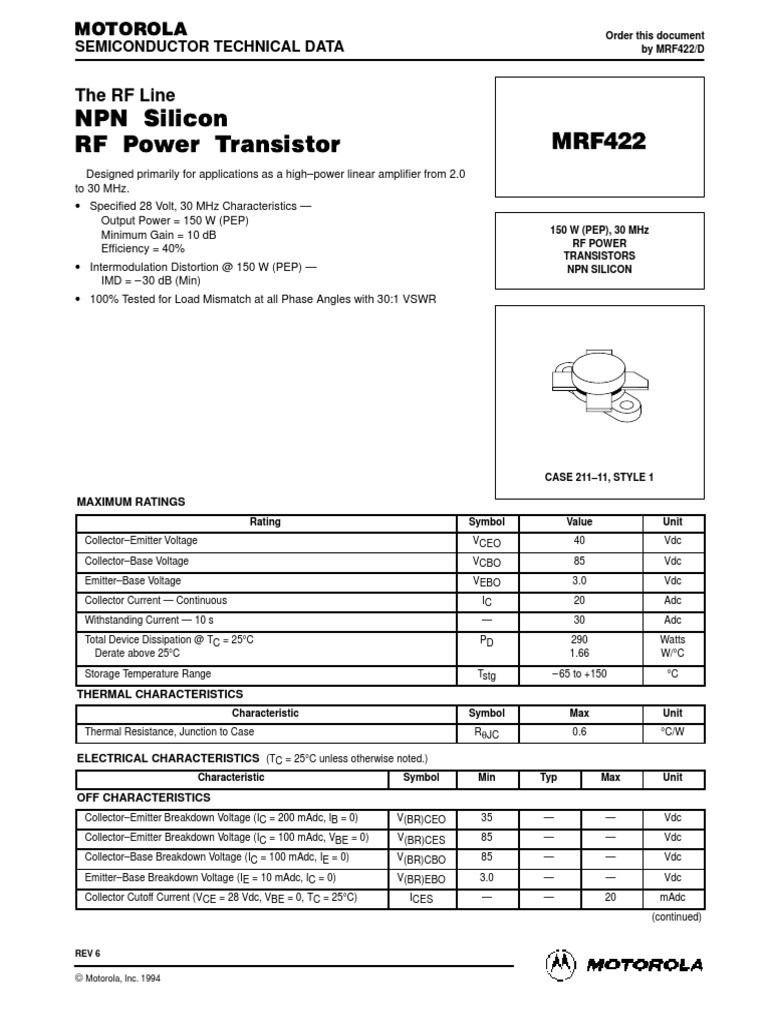 MRF 422 | PDF | Bipolar Junction Transistor | Amplifier